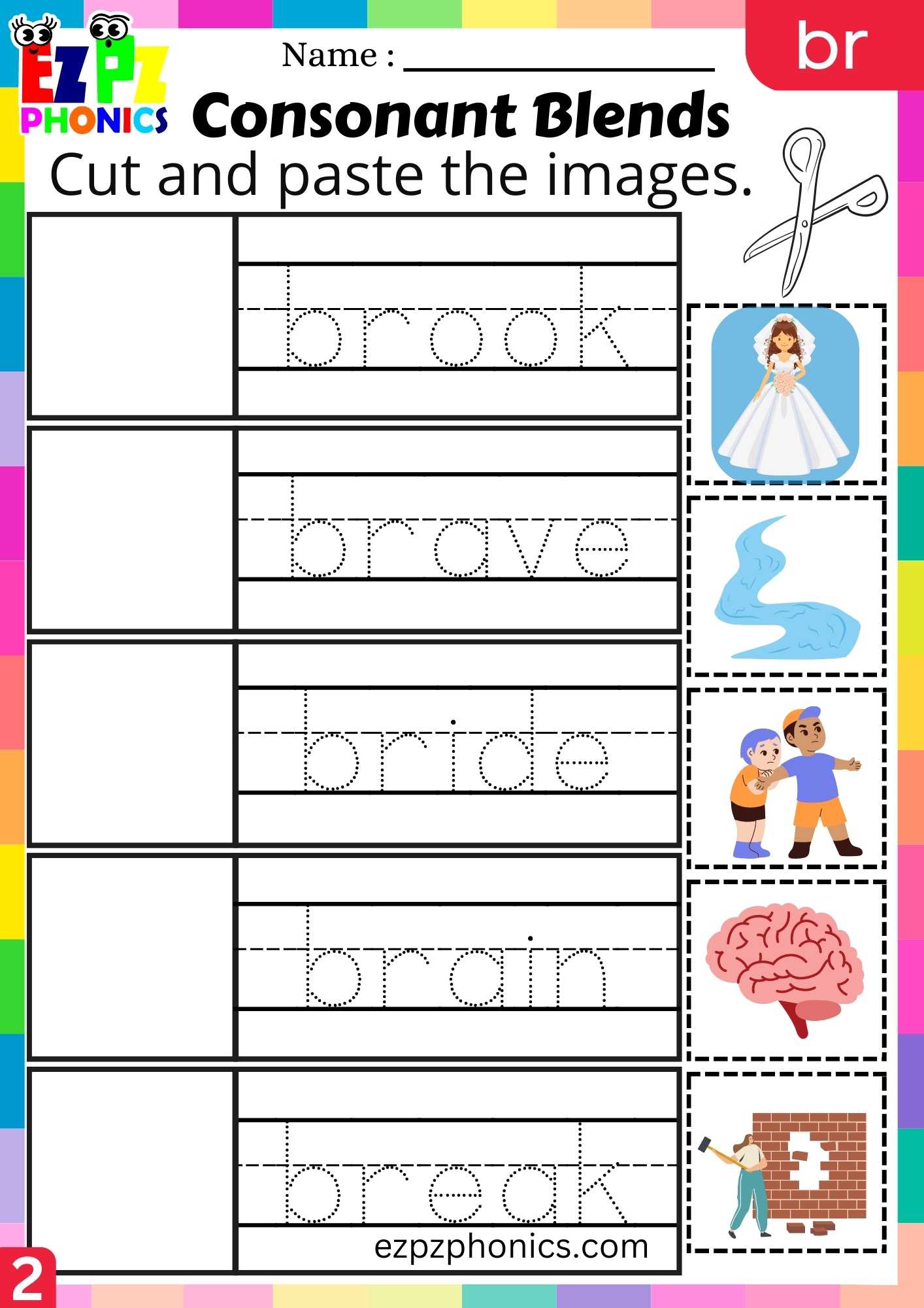 Group2 BR Words Cut And Paste The Images Phonics Consonant Blends Worksheet - ezpzphonics.com